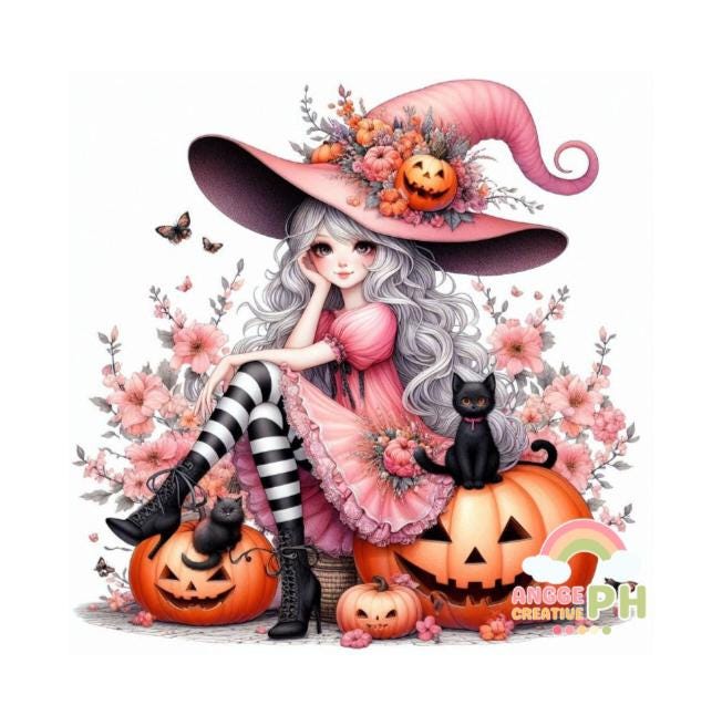Pastel Witch Clipart Set | Halloween Girl, Cat & Pumpkins (digital ...
