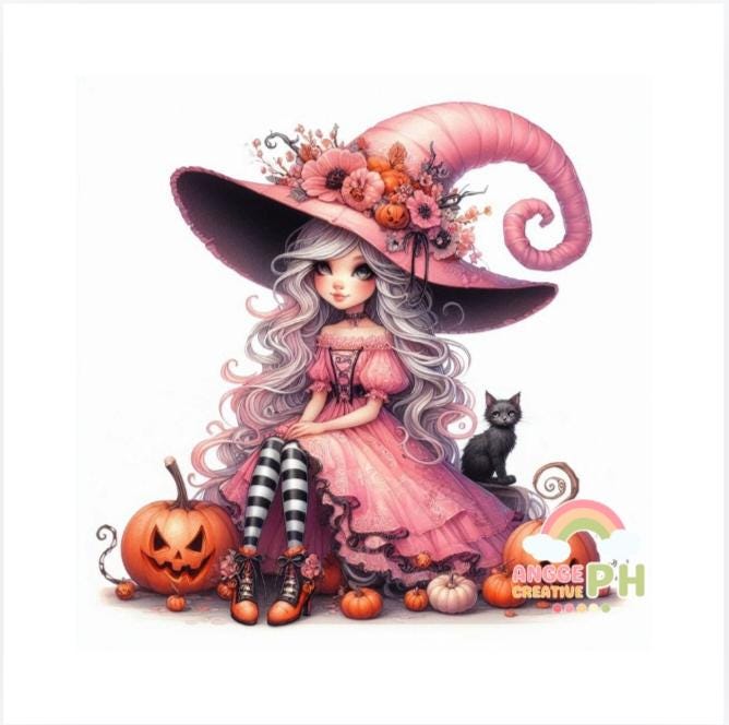 Pastel Witch Clipart Set | Halloween Girl, Cat & Pumpkins (digital ...