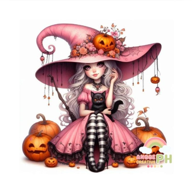 Pastel Witch Clipart Set | Halloween Girl, Cat & Pumpkins (digital ...