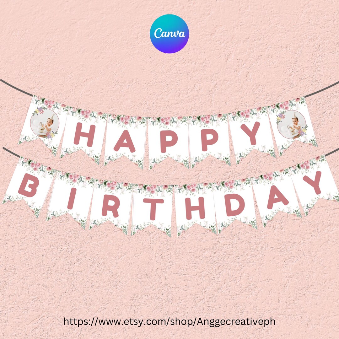EDITABLE Floral Blush Pink Banner, Birthday Banner, Printable 1st ...