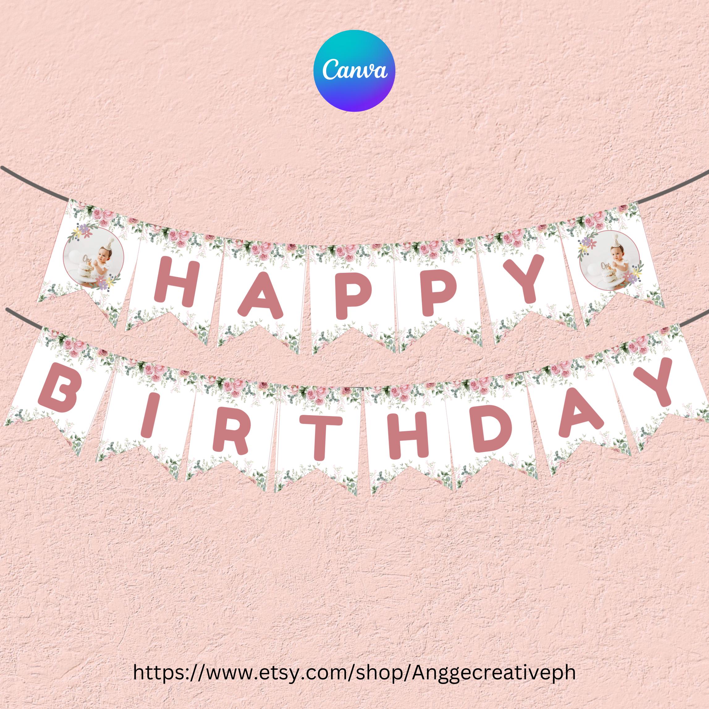 EDITABLE Floral Blush Pink Banner, Birthday Banner, Printable 1st ...