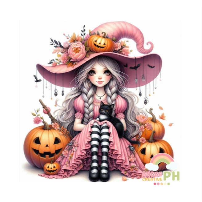 Pastel Witch Clipart Set | Halloween Girl, Cat & Pumpkins (digital ...