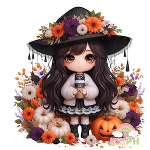 Halloween Witch Chibi Doll Clipart PNG & JPEG | Cute Kawaii Witch ...