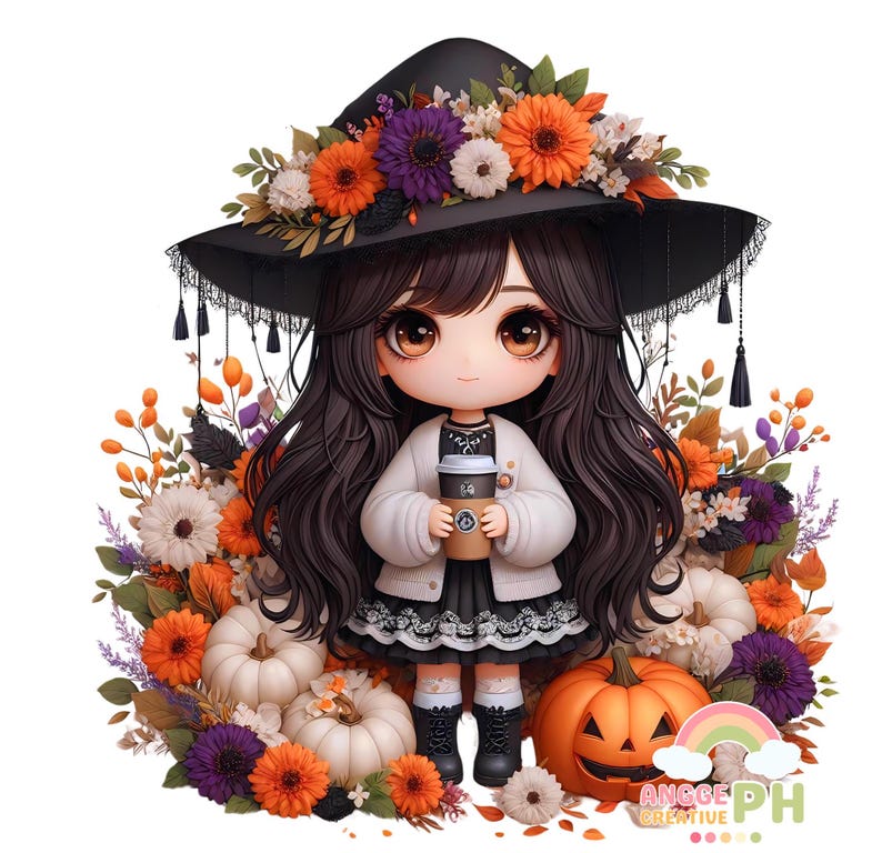 Halloween Witch Chibi Doll Clipart PNG & JPEG | Cute Kawaii Witch ...