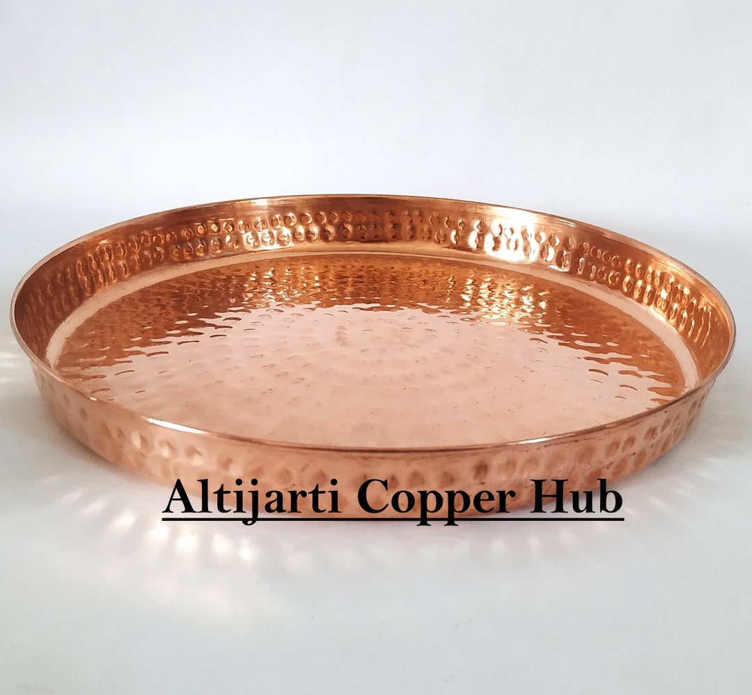 Indain Handmase Pure Copper Serving Tray, Hammered Food Serving Tray, Home Decoration and ...