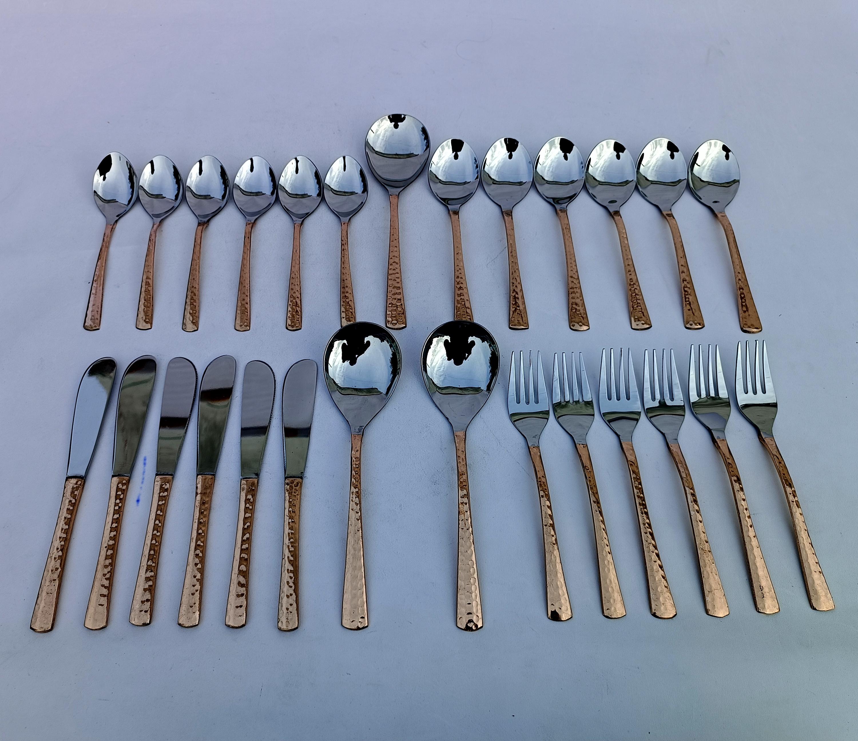 Copper and Stainless Steel Cutlery 4 Piece Set, Indian Handmade ...
