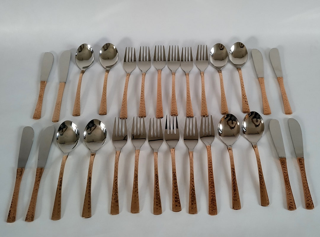 Handmade Copper Stainless Steel Flatware Set: Hammered Silver Brown ...