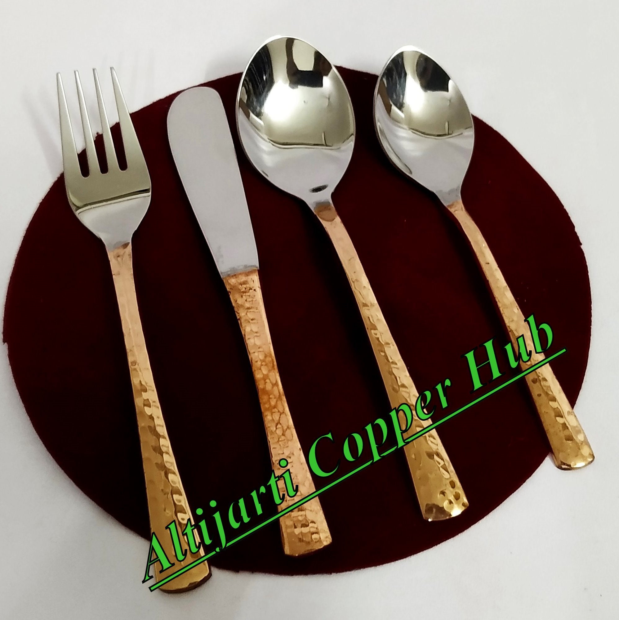 Copper and Stainless Steel Cutlery 4 Piece Set, Indian Handmade ...