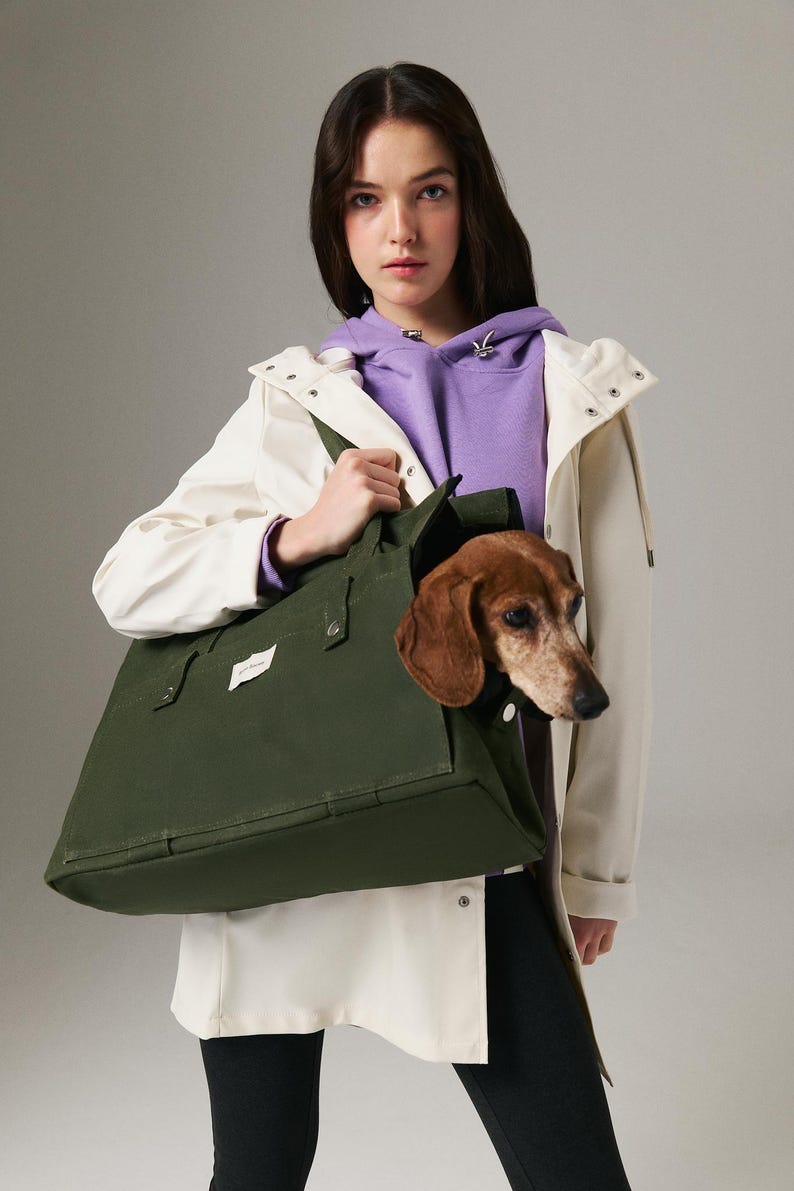 Olive Green Dog Carrier Bag, Cotton Canvas Pet Tote for Small Dogs up ...