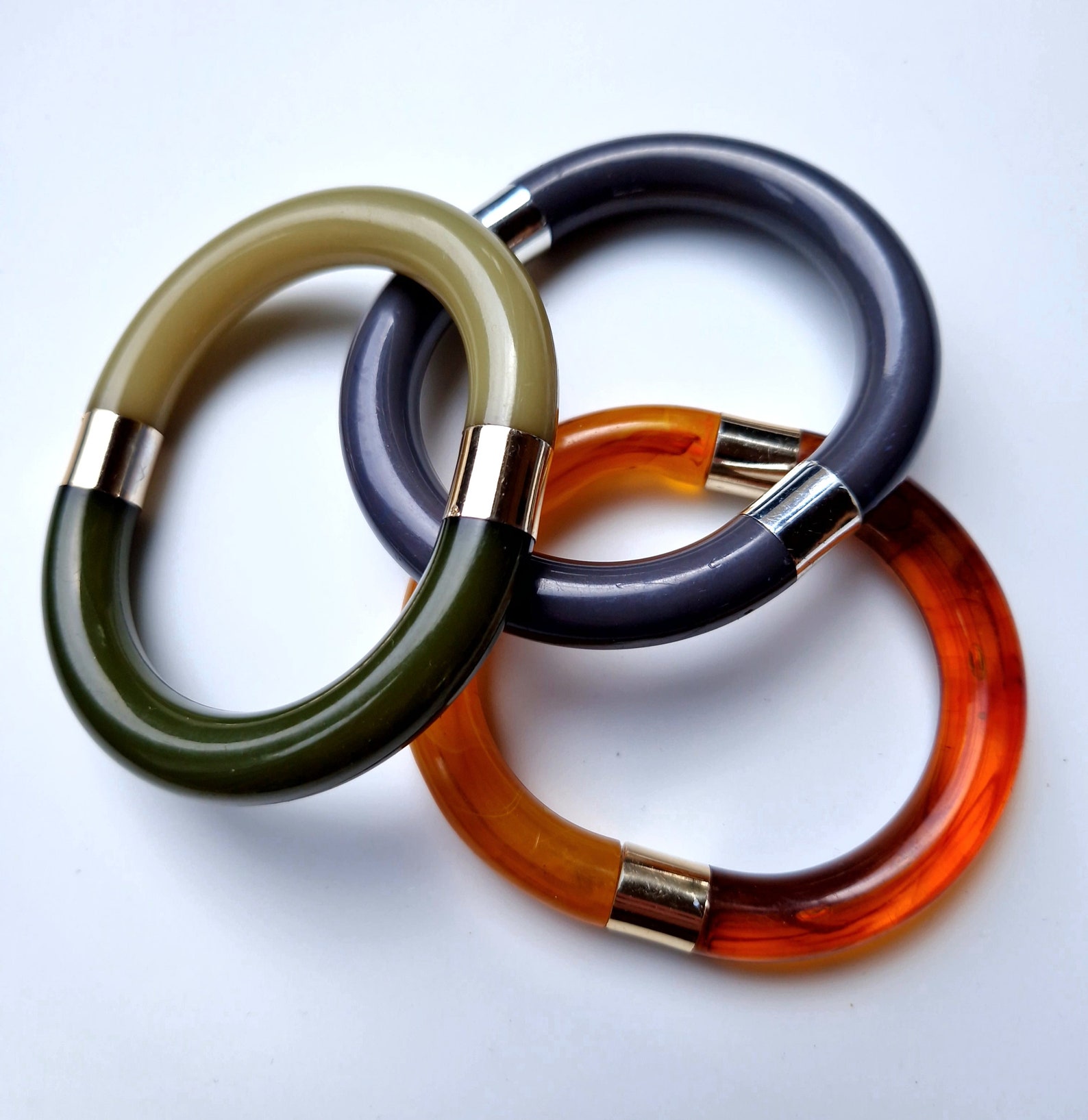 Plastic Vintage Fashion Brown Amber Grey Bangle Bracelet 70s 80s Set ...