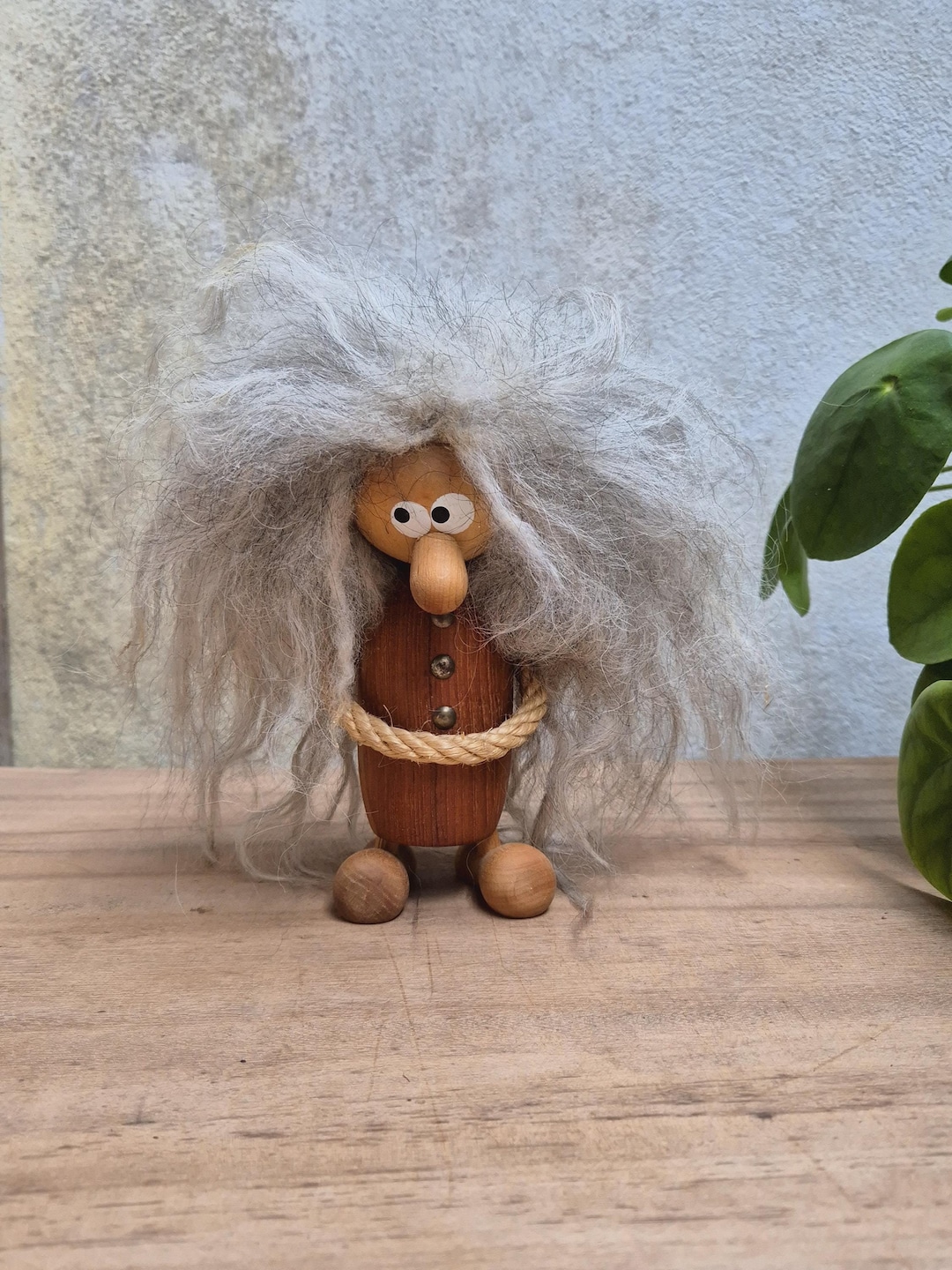 Vintage Scandinavian Wooden Troll Figurine Swedish Design Grey Wool ...