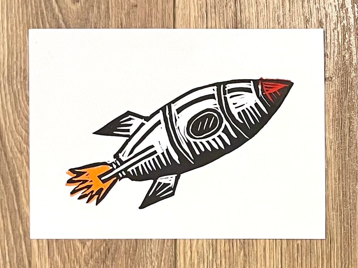 Rocketship Print, Handmade Block Print; 5"x7" - Etsy