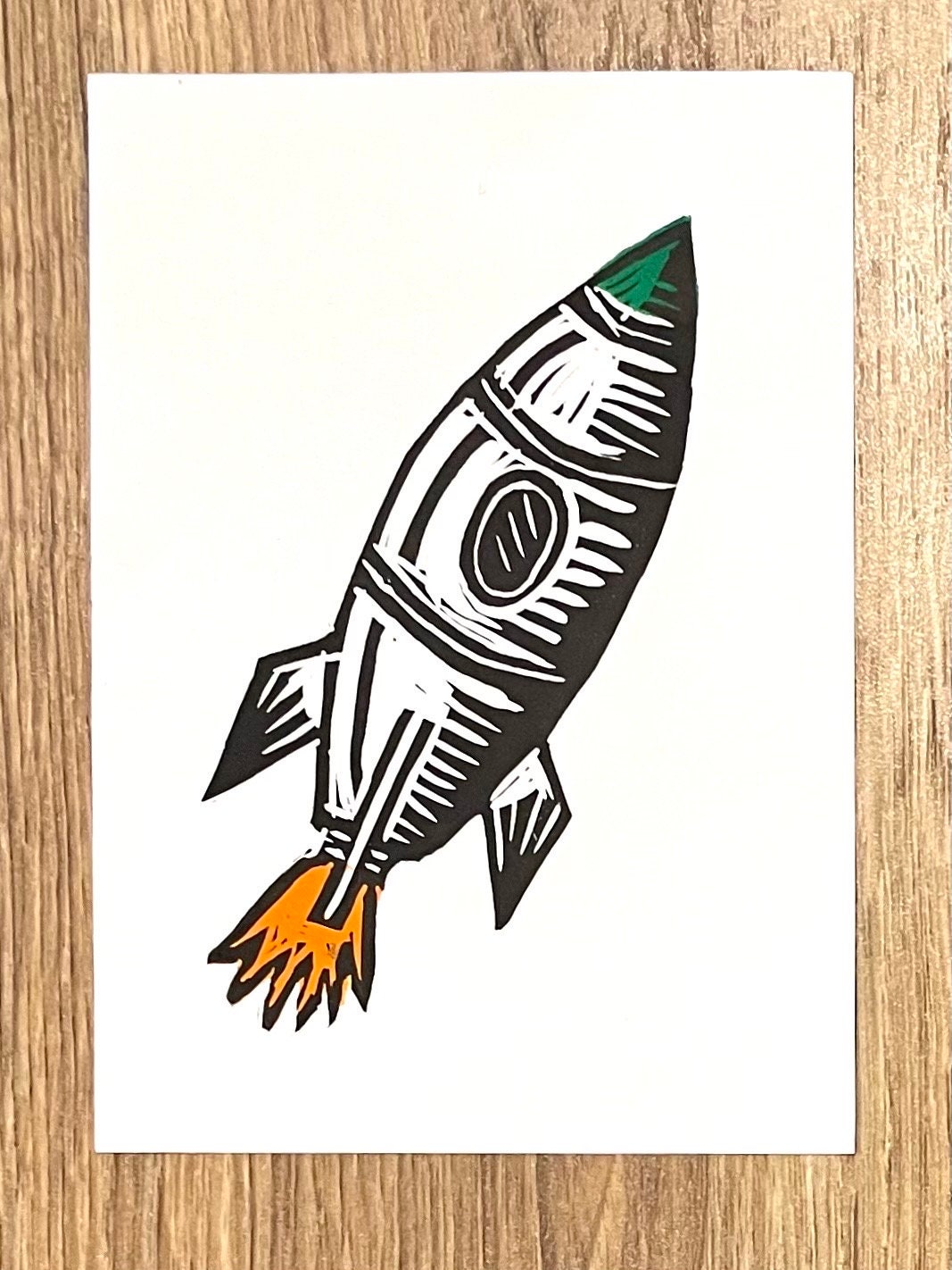 Rocketship Print, Handmade Block Print 5x7 - Etsy