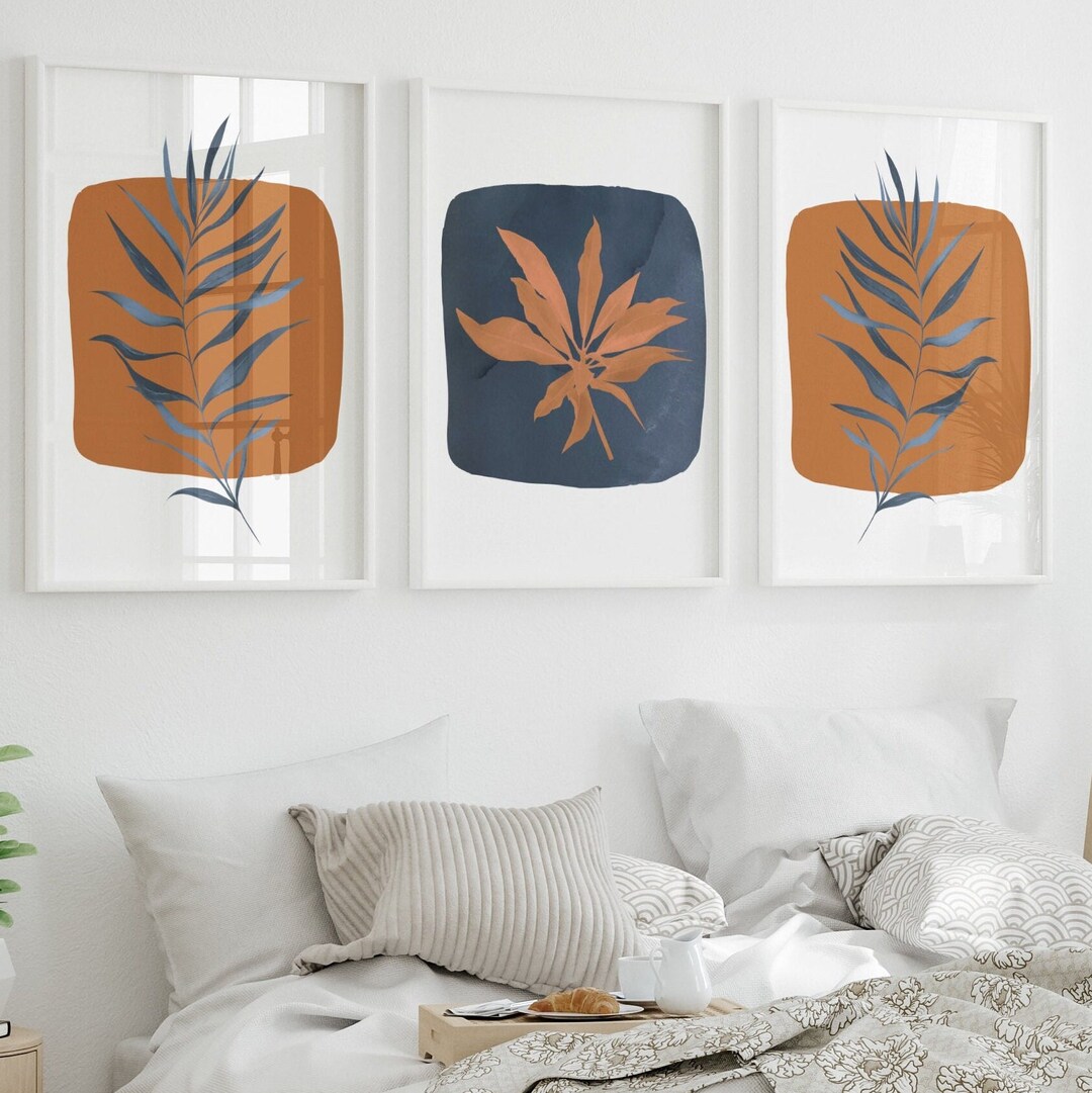 Navy & Burnt Orange Botanical Prints, Gallery Wall Set, Living Room ...