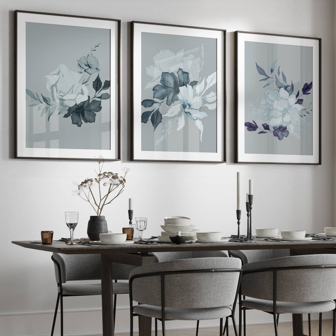 Blue Grey Wall Art, Botanical Prints, Blue Grey Home Decor, Living Room ...