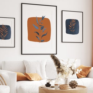 Navy & Burnt Orange Botanical Prints, Gallery Wall Set, Living Room ...