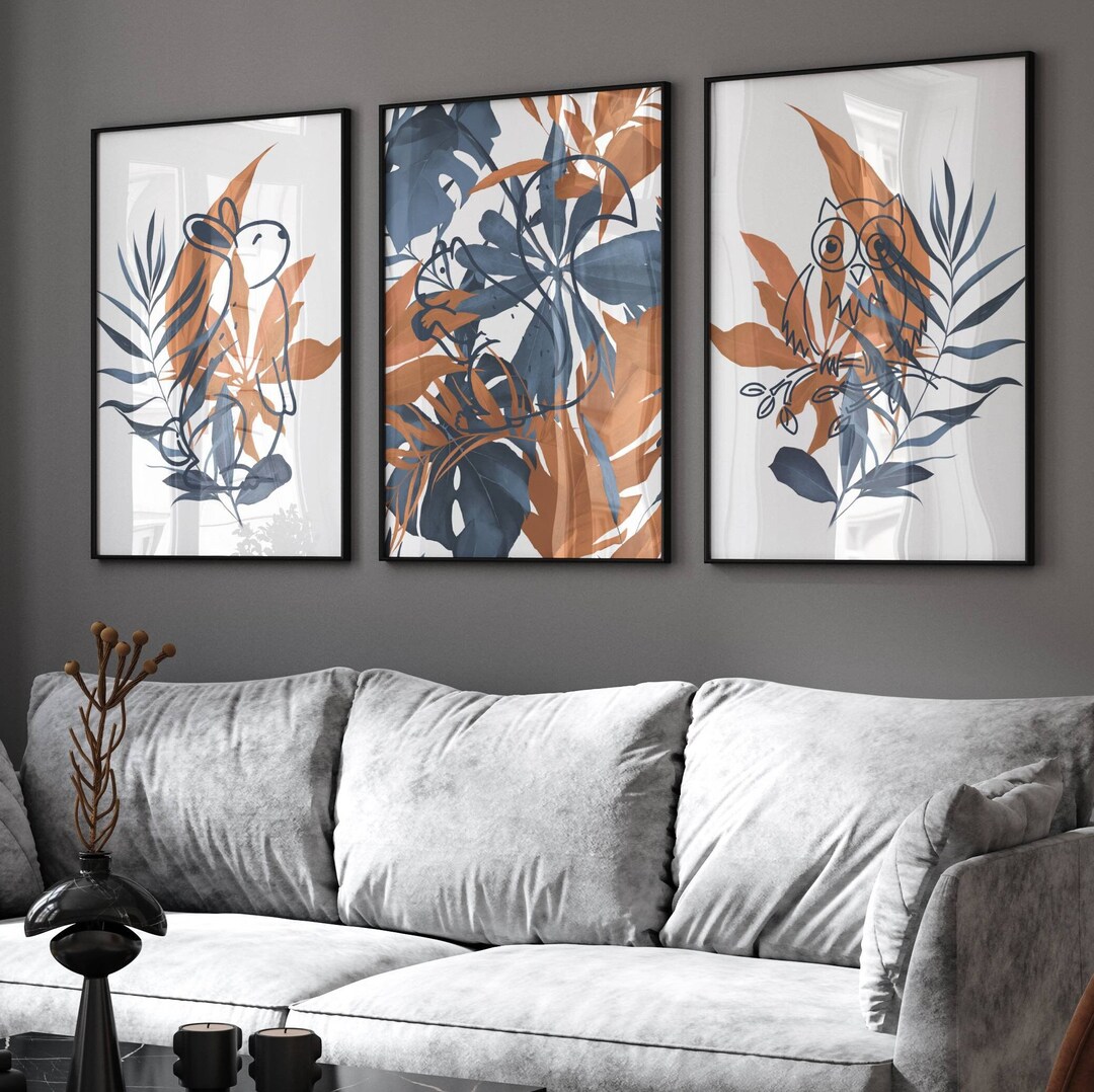 Navy & Orange Wall Art, Plant Prints, Woodland Animal Prints, Navy Home ...
