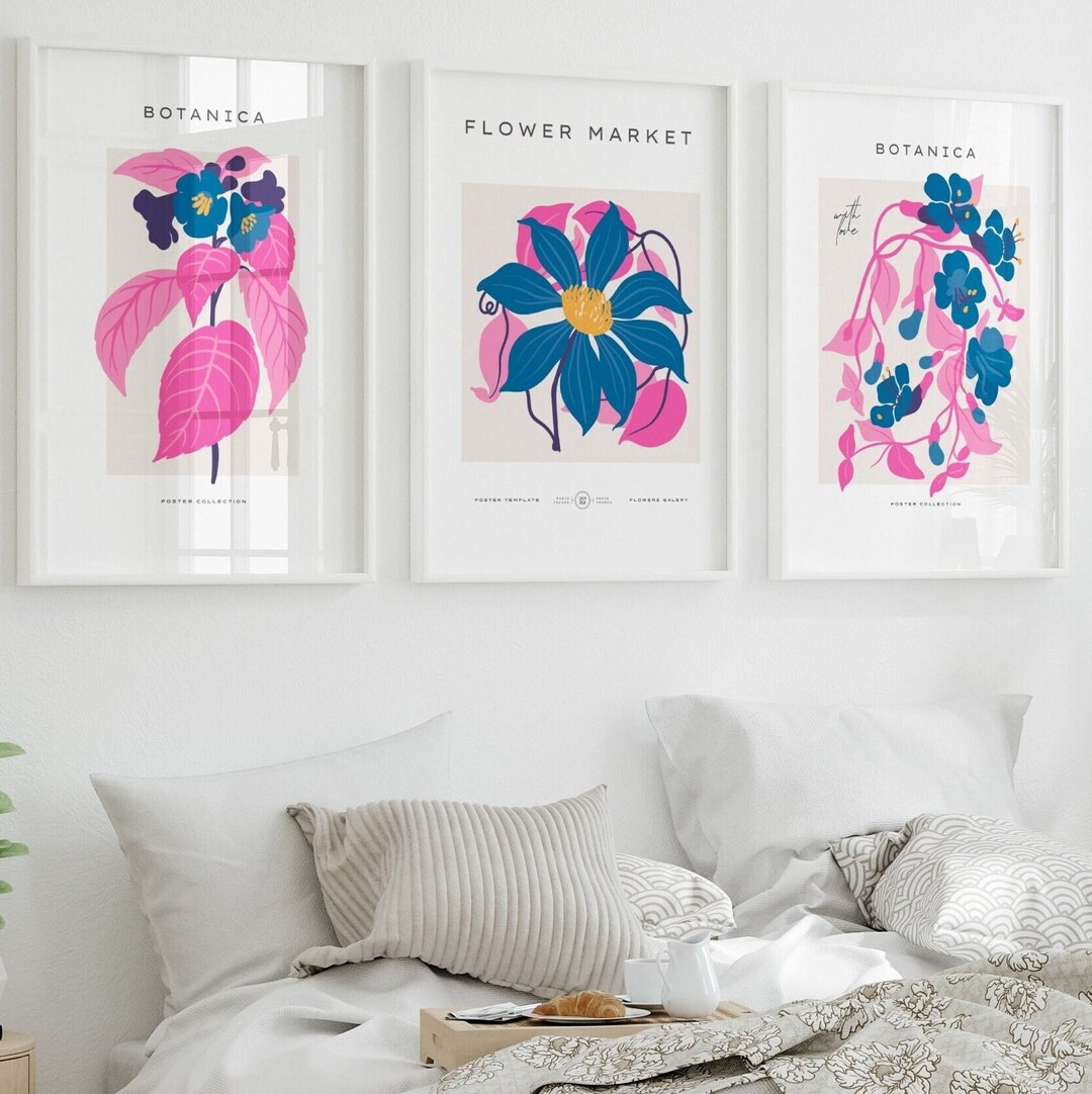 Blue and Pink Wall Art, Flower Market Prints, Mom Wall Art, Set of 3 ...
