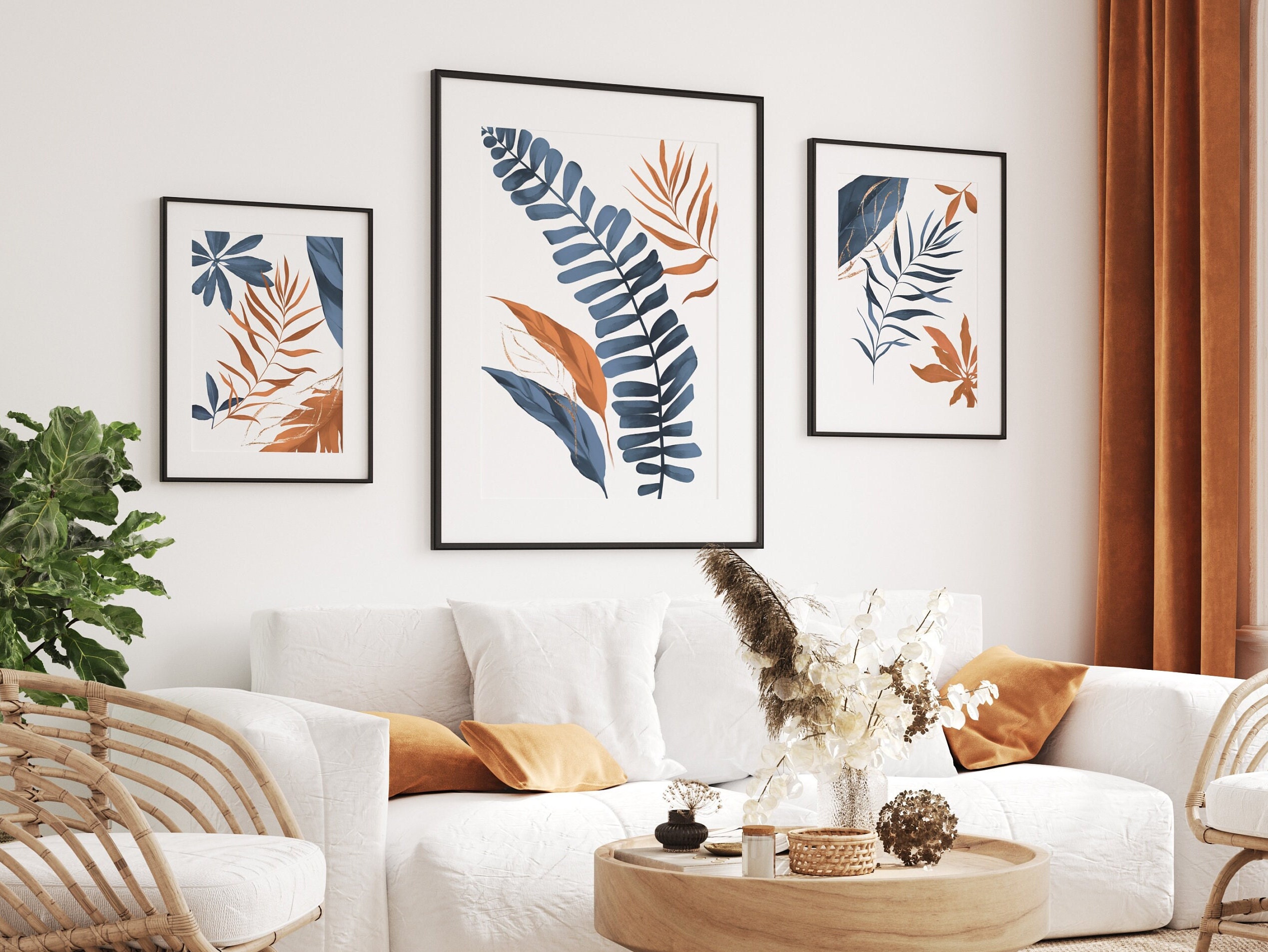 Navy & Burnt Orange Botanical Print Set: Gold Accent Gallery Wall Art ...
