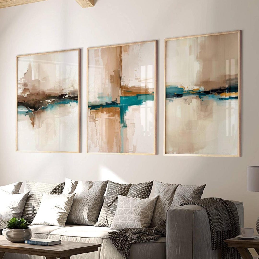 Teal and Neutral Abstract Wall Art Prints: Modern Home Decor, Set of 3 ...
