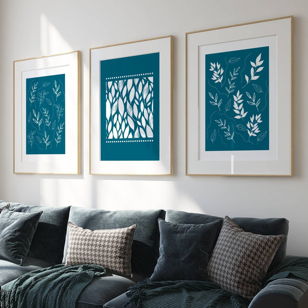 Teal Botanical Prints Set: Large Leaf Wall Art - Etsy