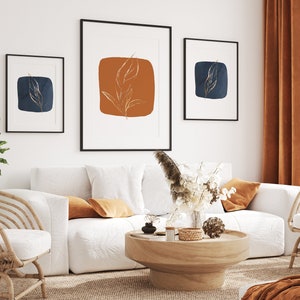 Navy & Burnt Orange Botanical Prints, Gallery Wall Set, Living Room ...