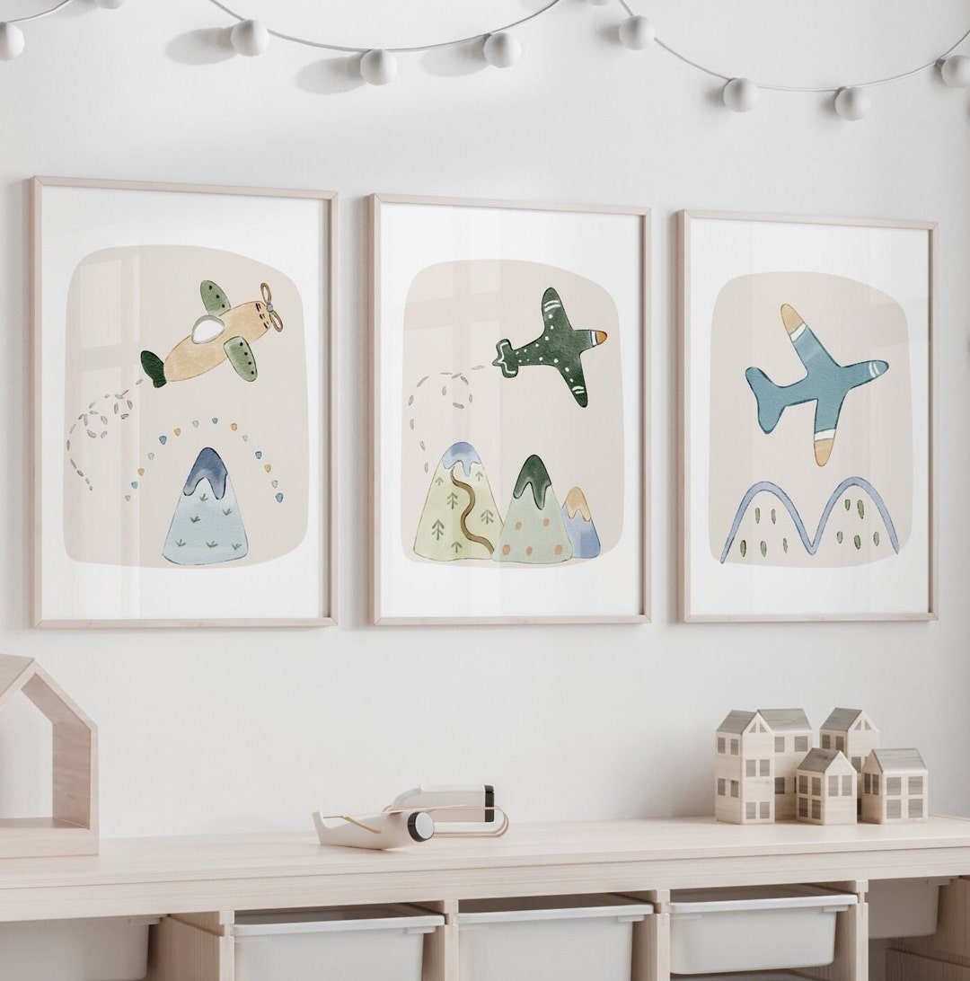 Airplane Nursery Prints: Sage Green & Blue Transport Wall Art, Set of 3 ...
