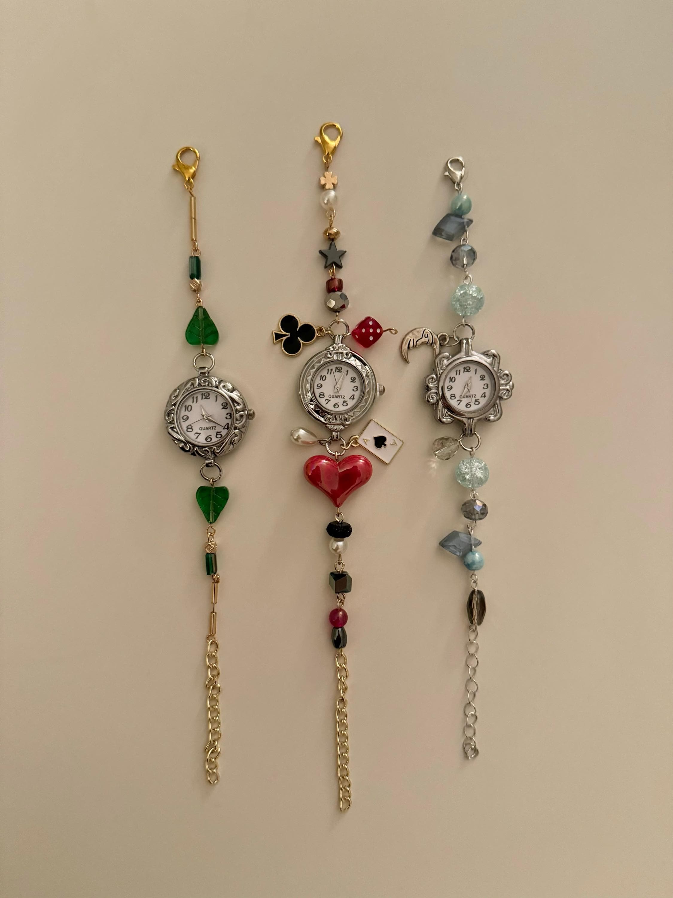 Vintage Beaded Watches Crystal Green Leaf Elf Blue Beach Coquette ...