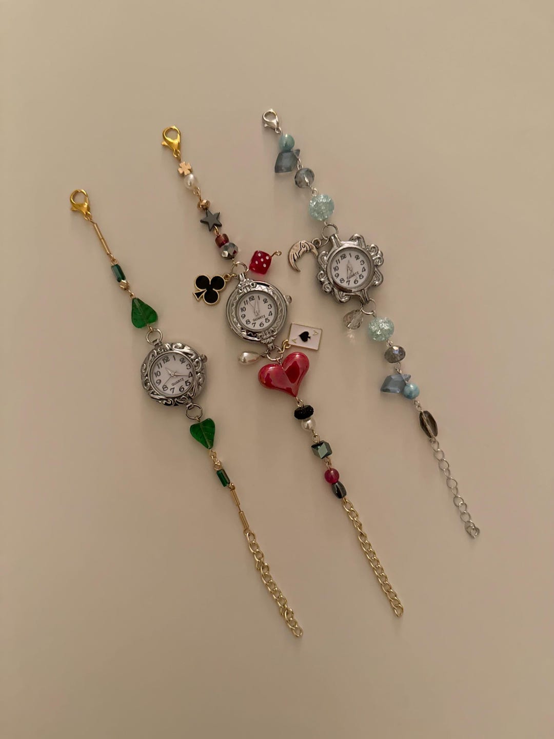 Vintage Beaded Watches Crystal Green Leaf Elf Blue Beach Coquette ...