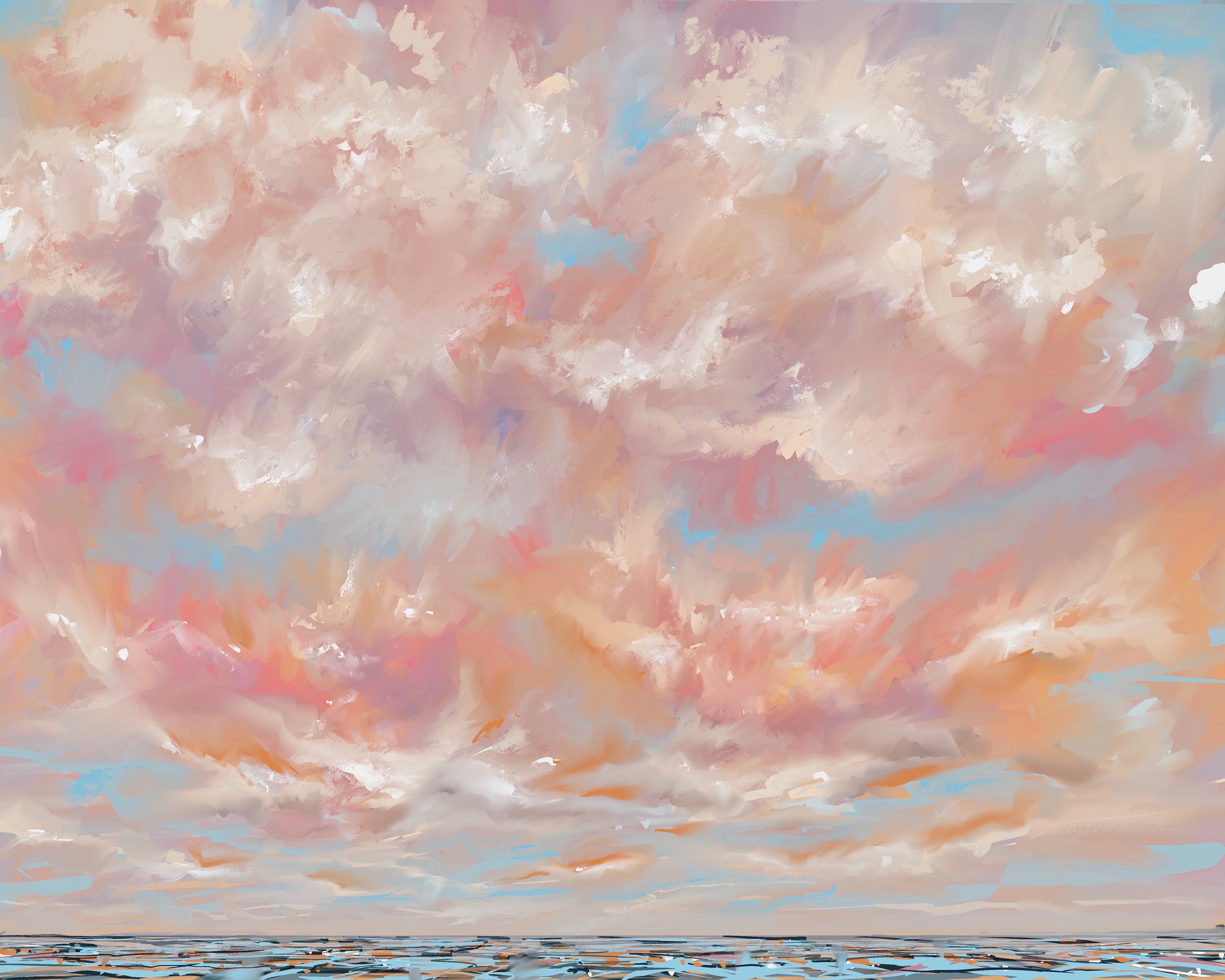 Hand Drawn Art Print Cloudscape of Pastel Clouds in Pink, Blue, Purple ...