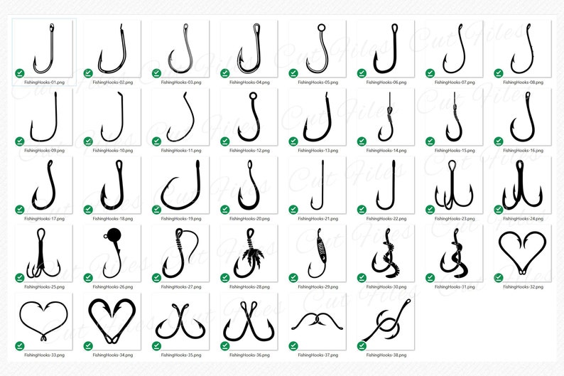 Fishing Hooks SVG Vector Bundle | 38 Fish Hook Silhouette Clipart and ...