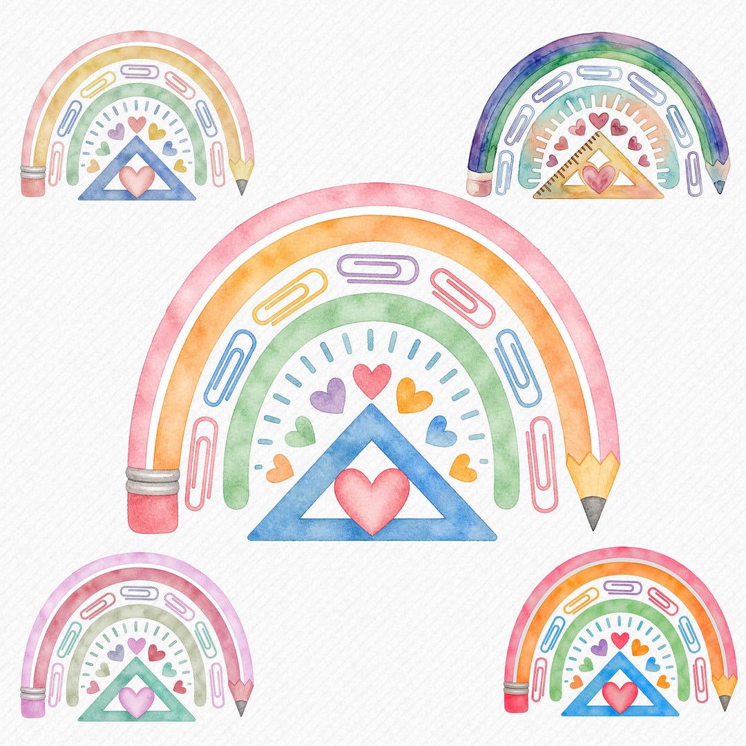 School Rainbow Clipart Set | Watercolor Classroom Rainbow PNG | Pencils ...