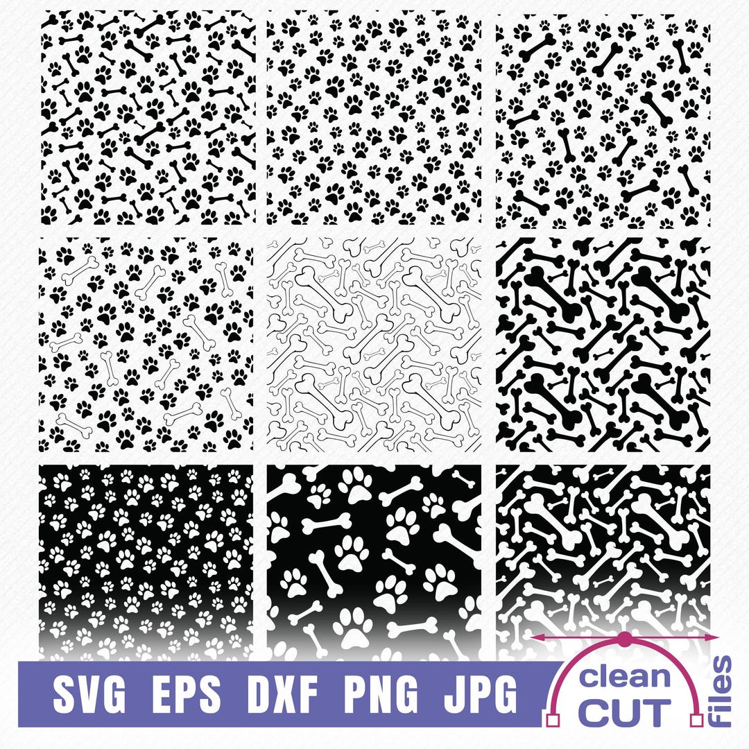 Seamless Paw and Bone SVG Pattern Bundle, Animal Paw Print Background ...