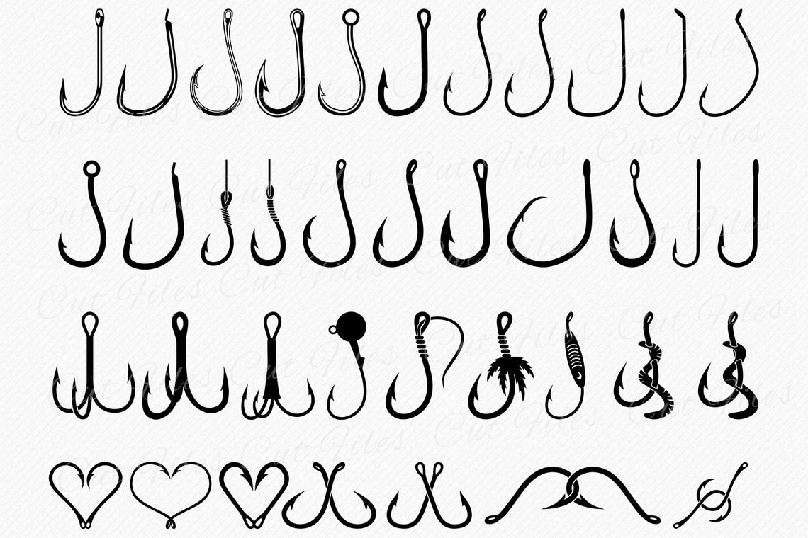 Fishing Hooks SVG Vector Bundle | 38 Fish Hook Silhouette Clipart and ...