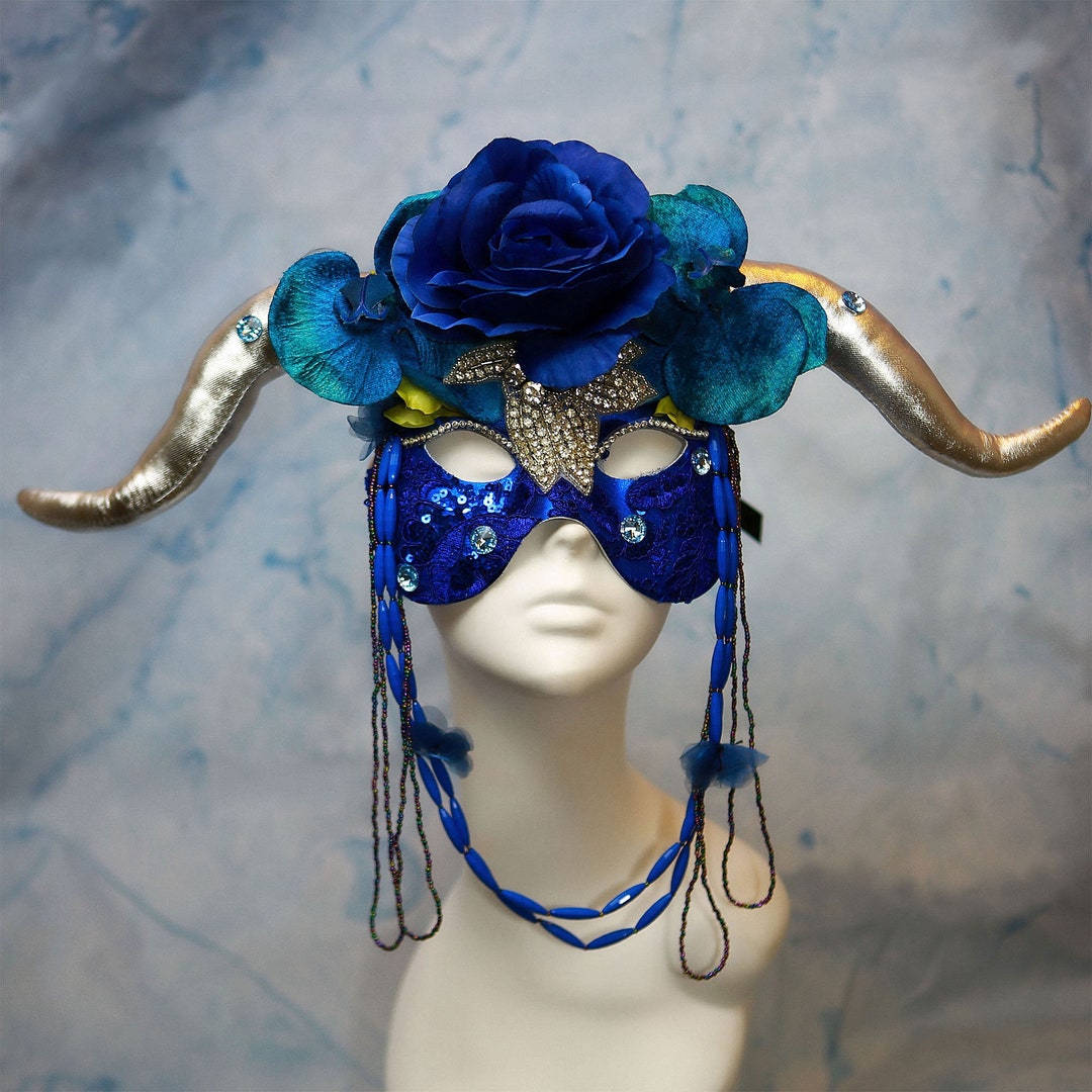 Dark Blue Halloween Party Prom Mask,carnival Exaggerated Mask,ox Horn ...
