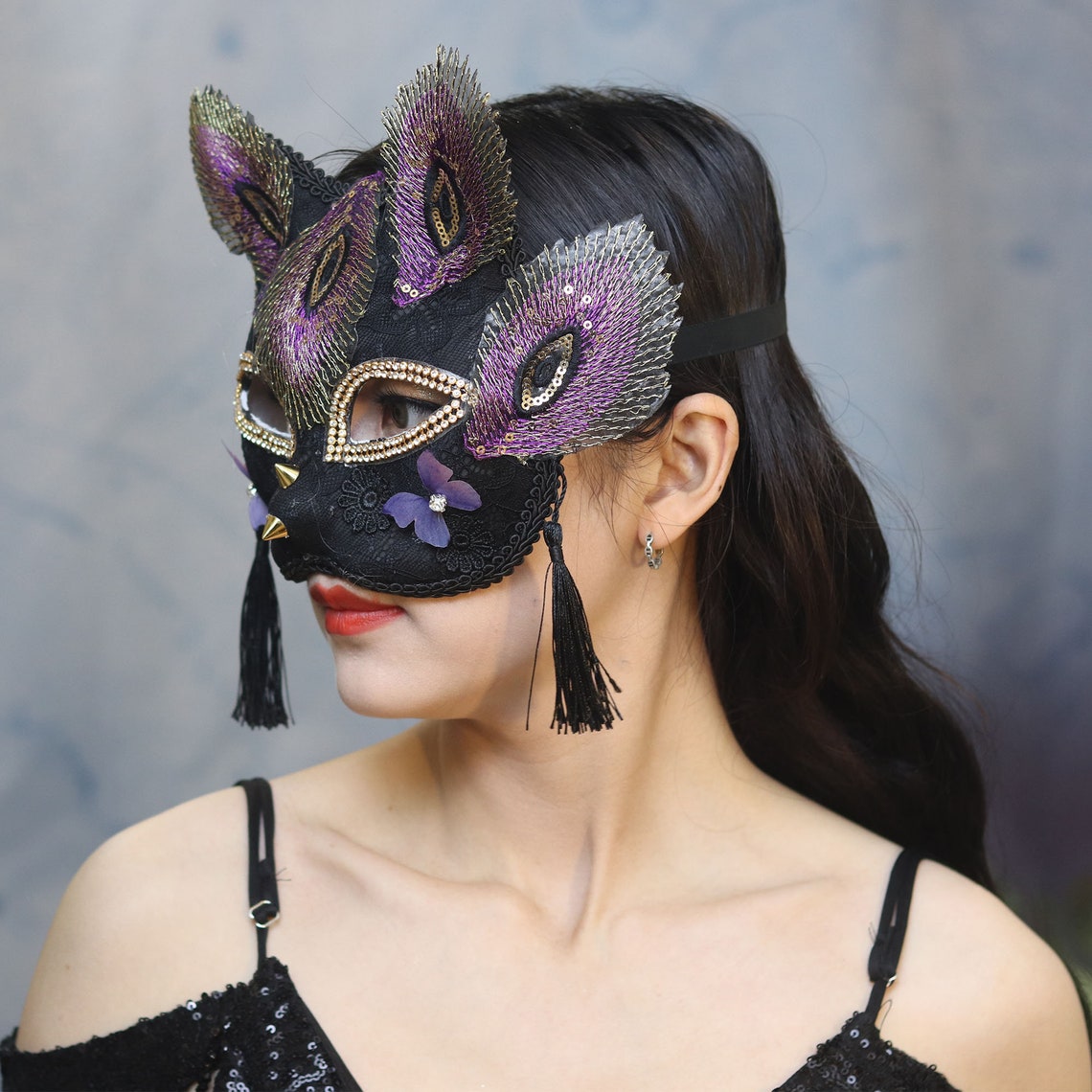 Purple Halloween Party Cat Maskgolden Cat Maskanime Etsy