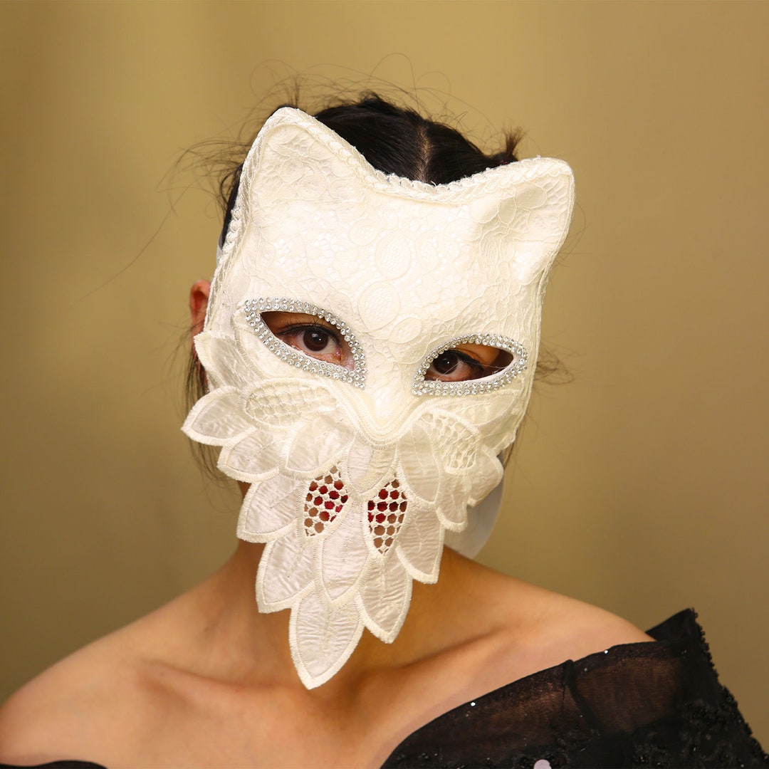 White Masquerade Party Halloween Mask Full Face Cat Mask Lace ...