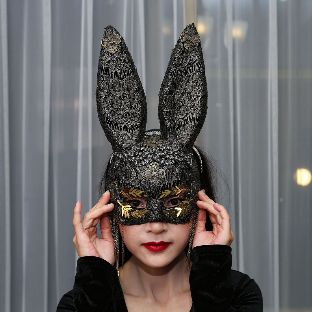 Golden Lace Sequin Rabbit Exaggerated Mask Performance Stage Halloween ...