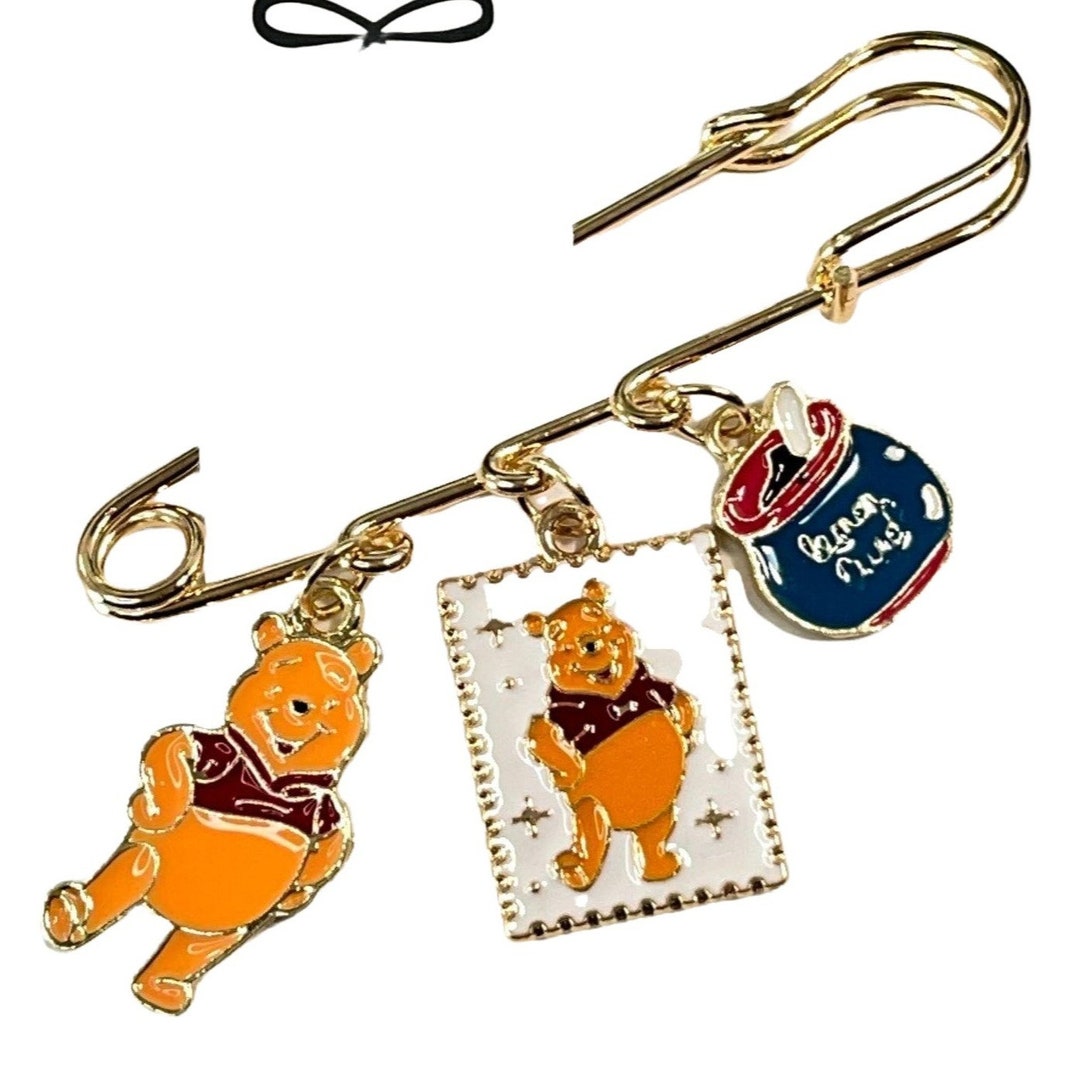 Winnie Pooh Bear Lapel Pin Dangling Charm Stamp Blue Honey Pot Gold ...