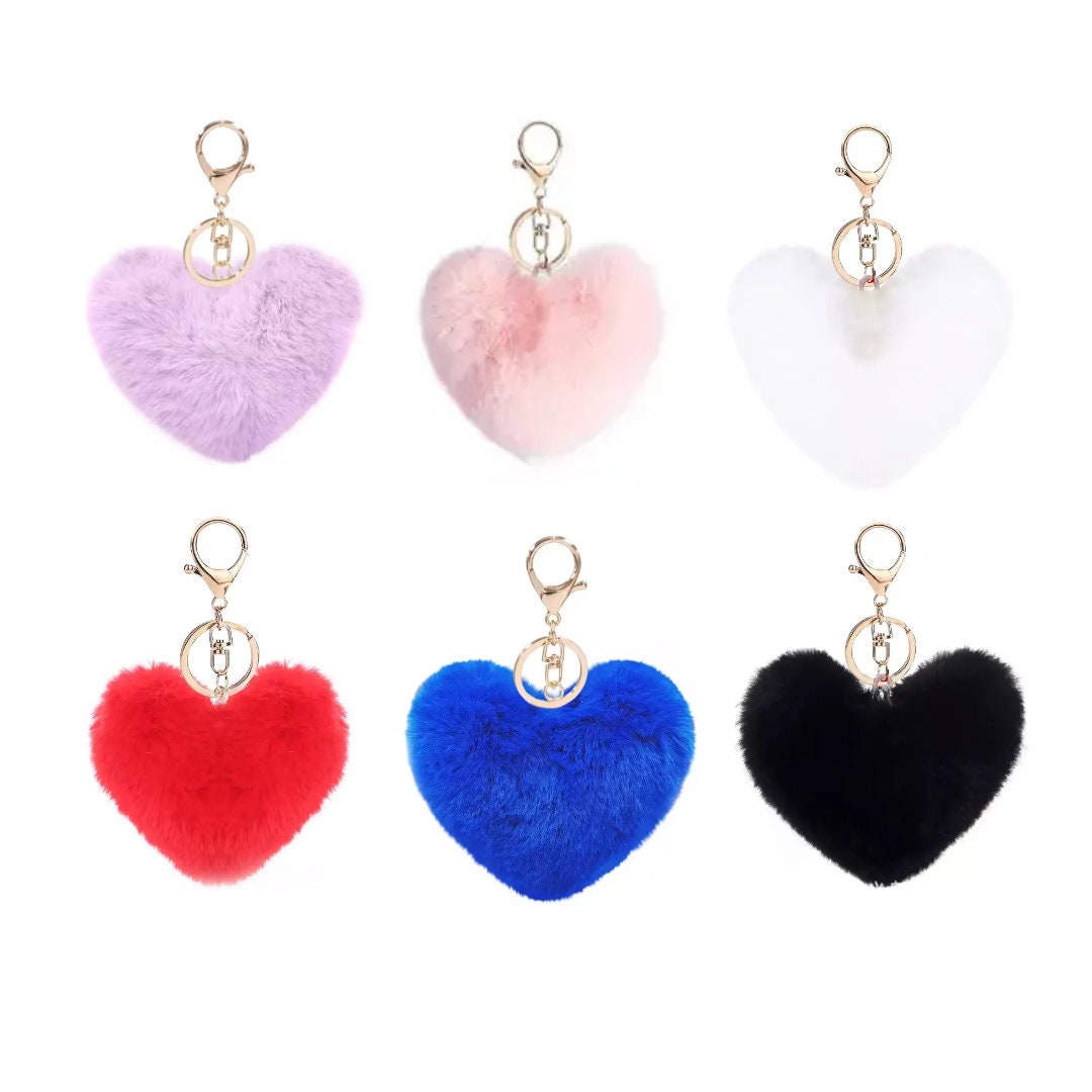 5'' Heart Pompom Keychain Fluffy Heart Keychain Fur Keyrings - Etsy