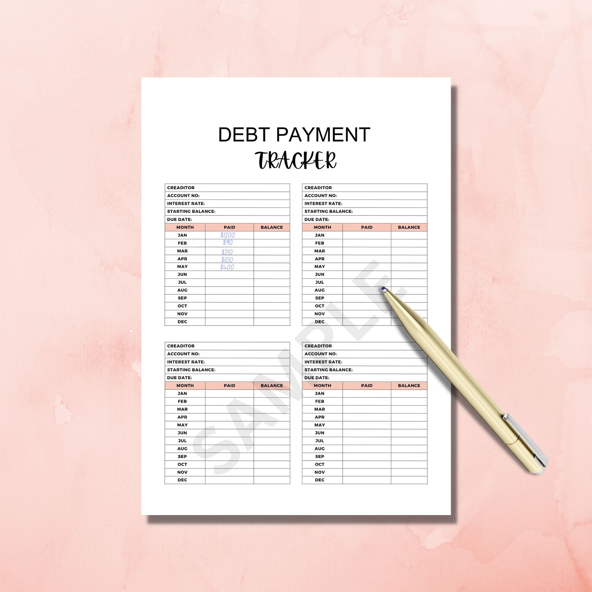 Printable Debt Tracker, Monthly Budget, Monthly Debt Log, Expense Log ...