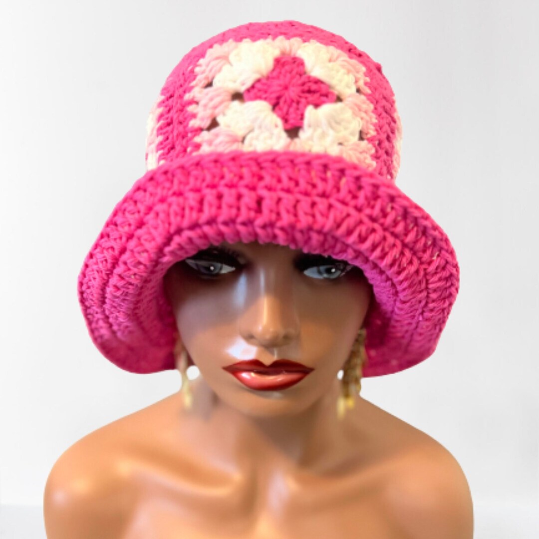 Granny Square Crochet Bucket Hat-pink Suga - Etsy