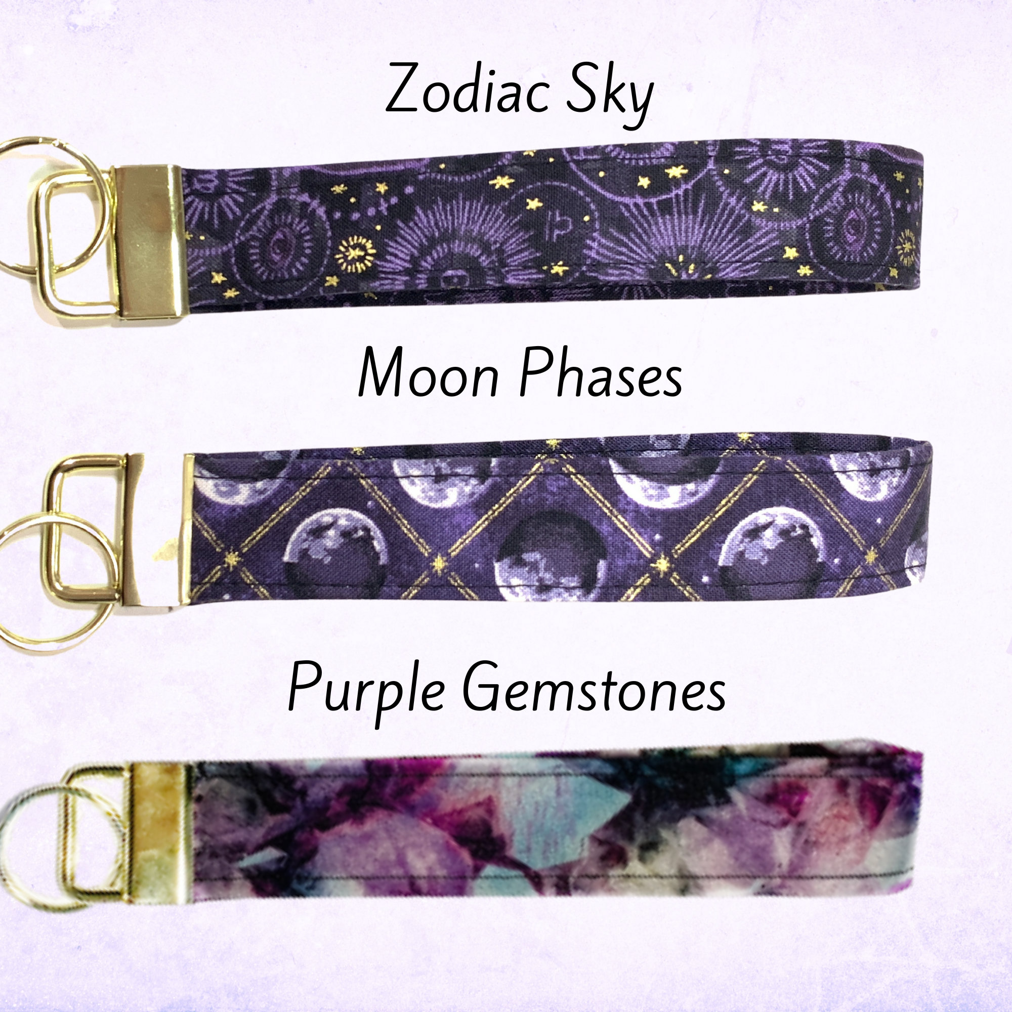 Zodiac Keychain Wristlet, Moon Phases Key Fob, Purple Gemstone Fabric ...