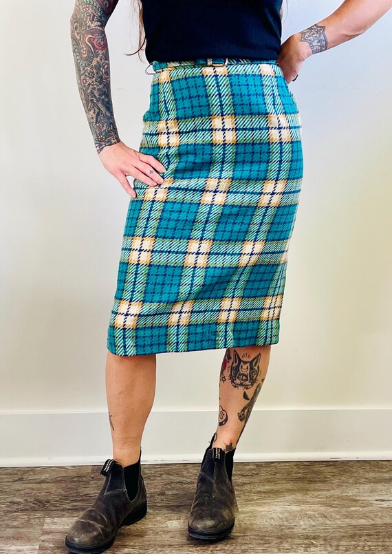 Vintage 1950s Wool Plaid Belted Pencil Skirt - Gem