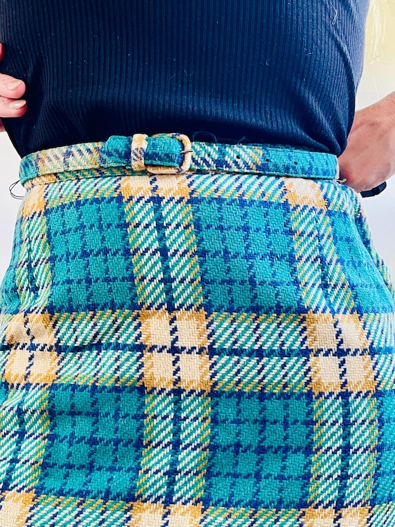 Vintage 1950s Wool Plaid Belted Pencil Skirt - Gem
