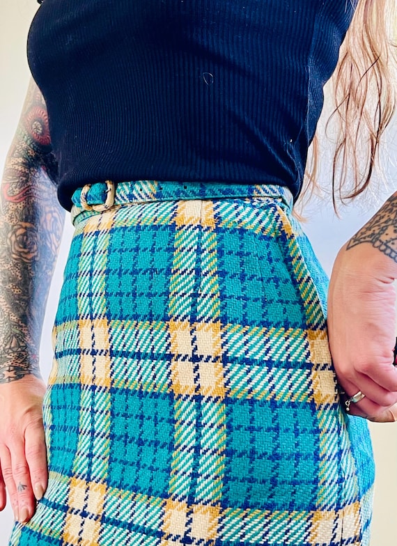 Vintage 1950s Wool Plaid Belted Pencil Skirt - Gem