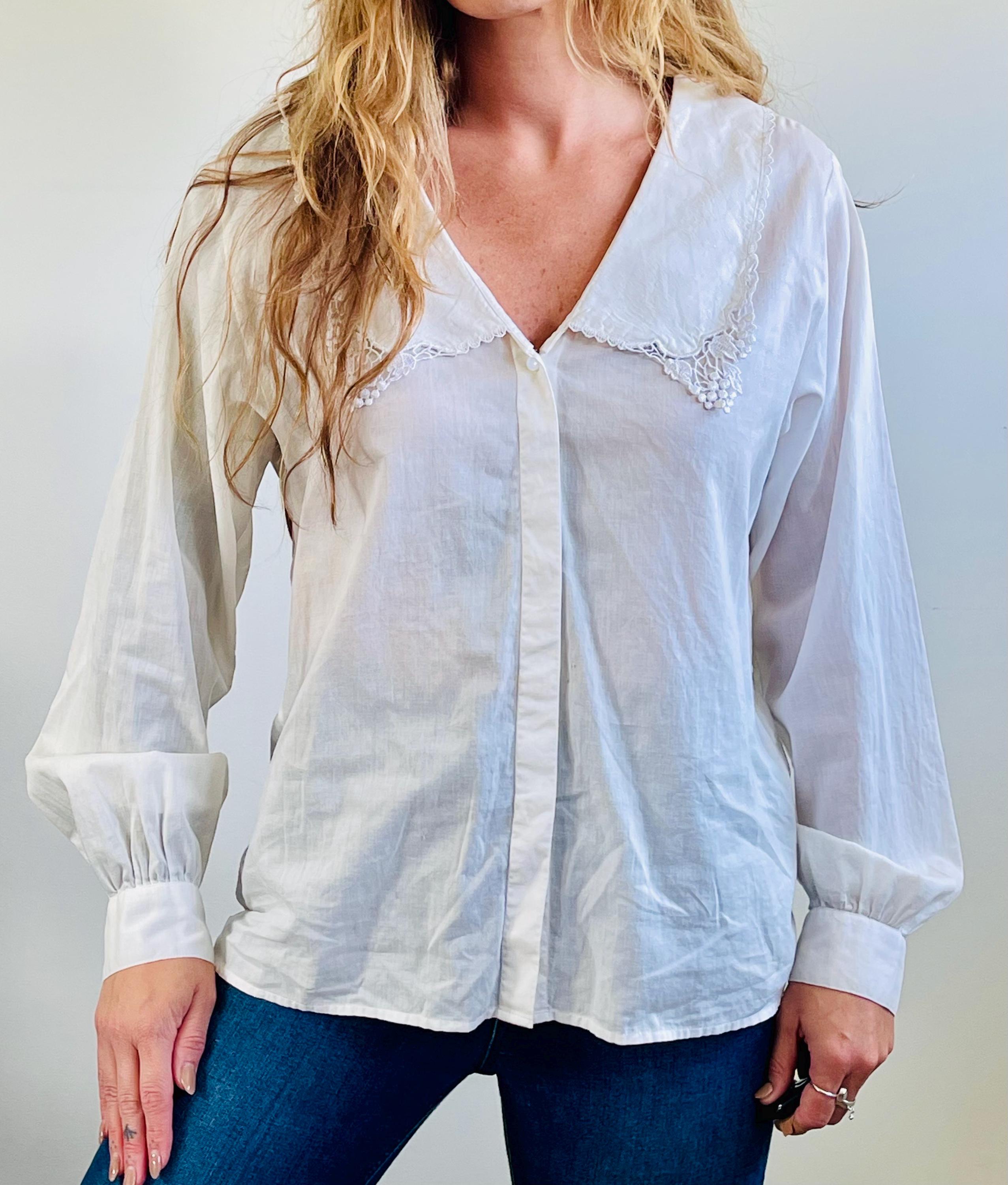 Vintage 1980s/1990s Andrew Harvey Over-sized Lace Collar Prarie Shirt ...