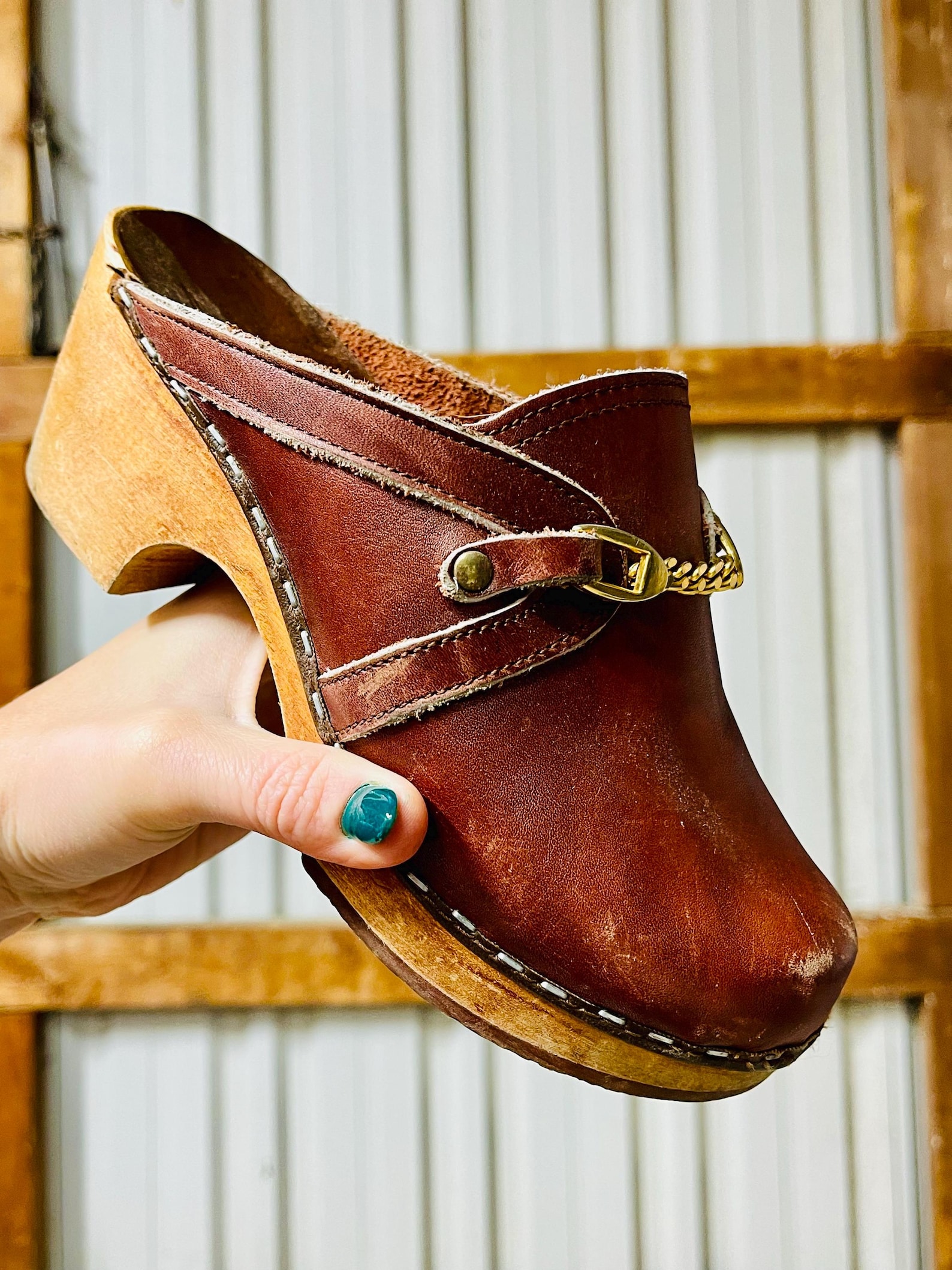 Vintage 1970s Made in Sweden Mia’s Leather and Wood Clogs With Brass ...