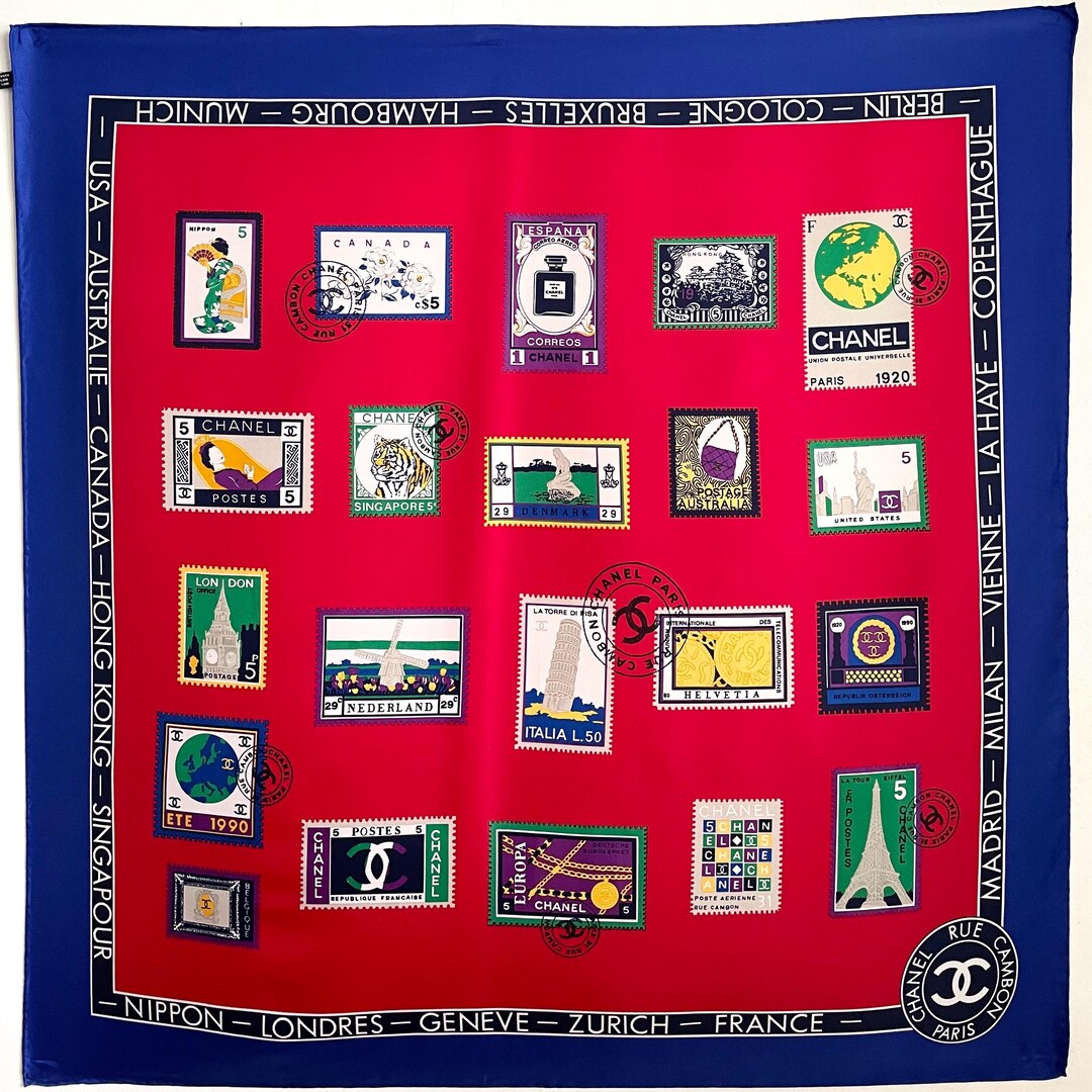 Vintage Chanel Stamp Multicolor Silk Scarf Neckscarf Bandana ...