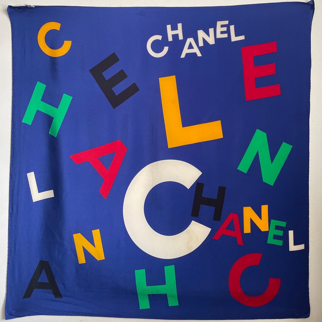 Vintage Chanel Alphabet Letter Multicolor Silk Scarf Wrap Shawl ...